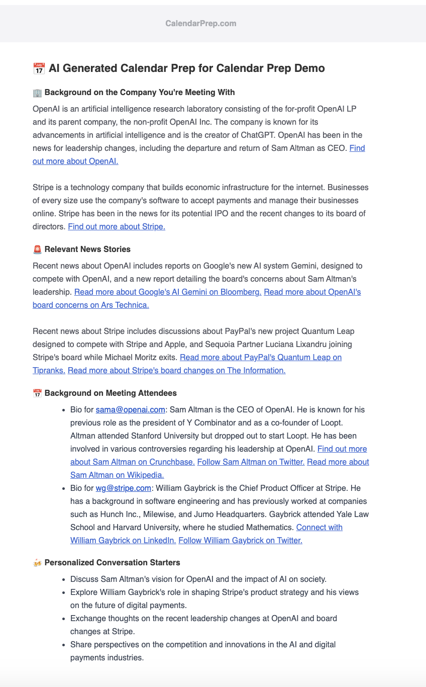 CalendarPrep.com Powered by OpenAI